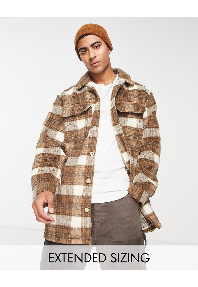 ASOS DESIGN wool mix check shacket in brown