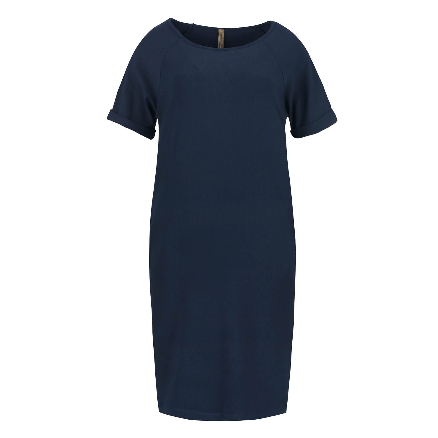 Marineblaues Punto di Roma Kleid mit kurzen Ärmeln und Taschen