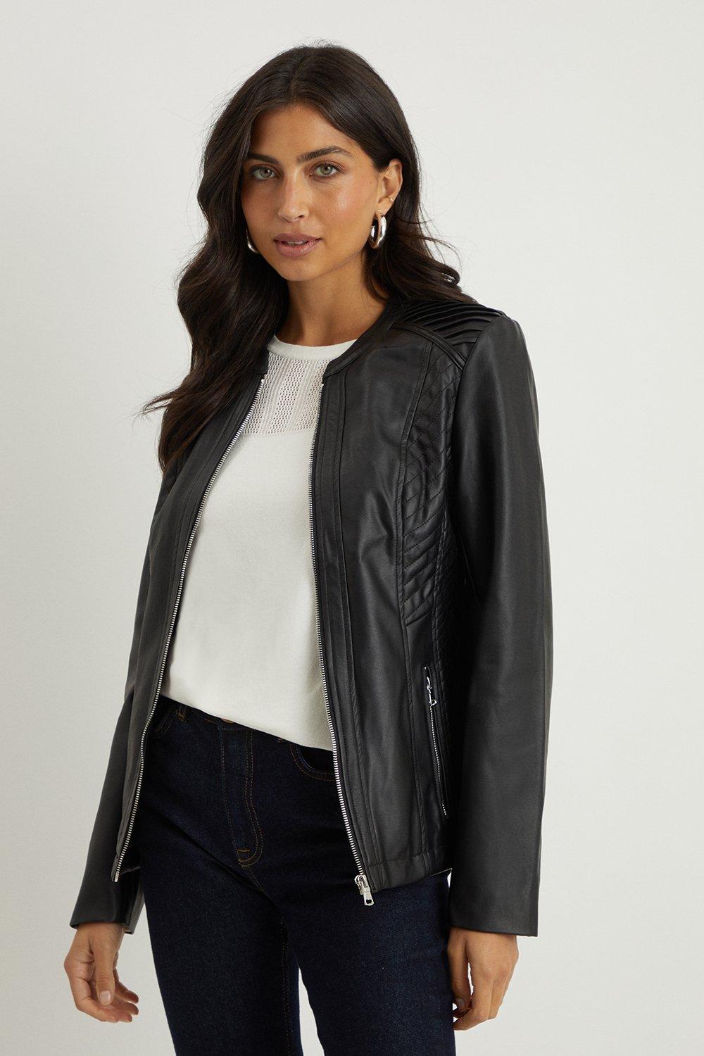 Black Faux Leather Stitch Detail Jacket