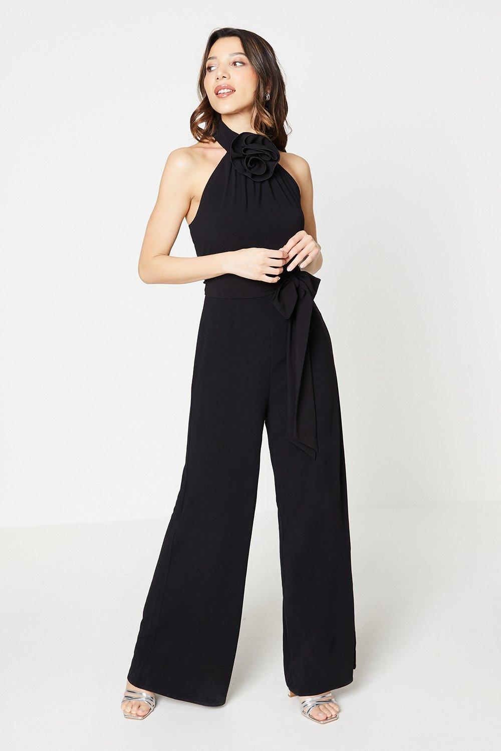 Premium Crepe Belted Corsage Jumpsuit