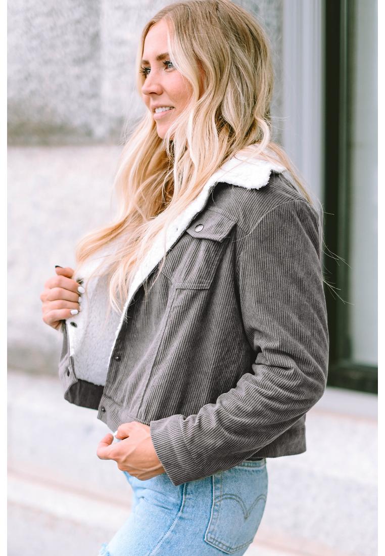 Women's Corduroy Sherpa Snap Button Flap Jacket in Gray