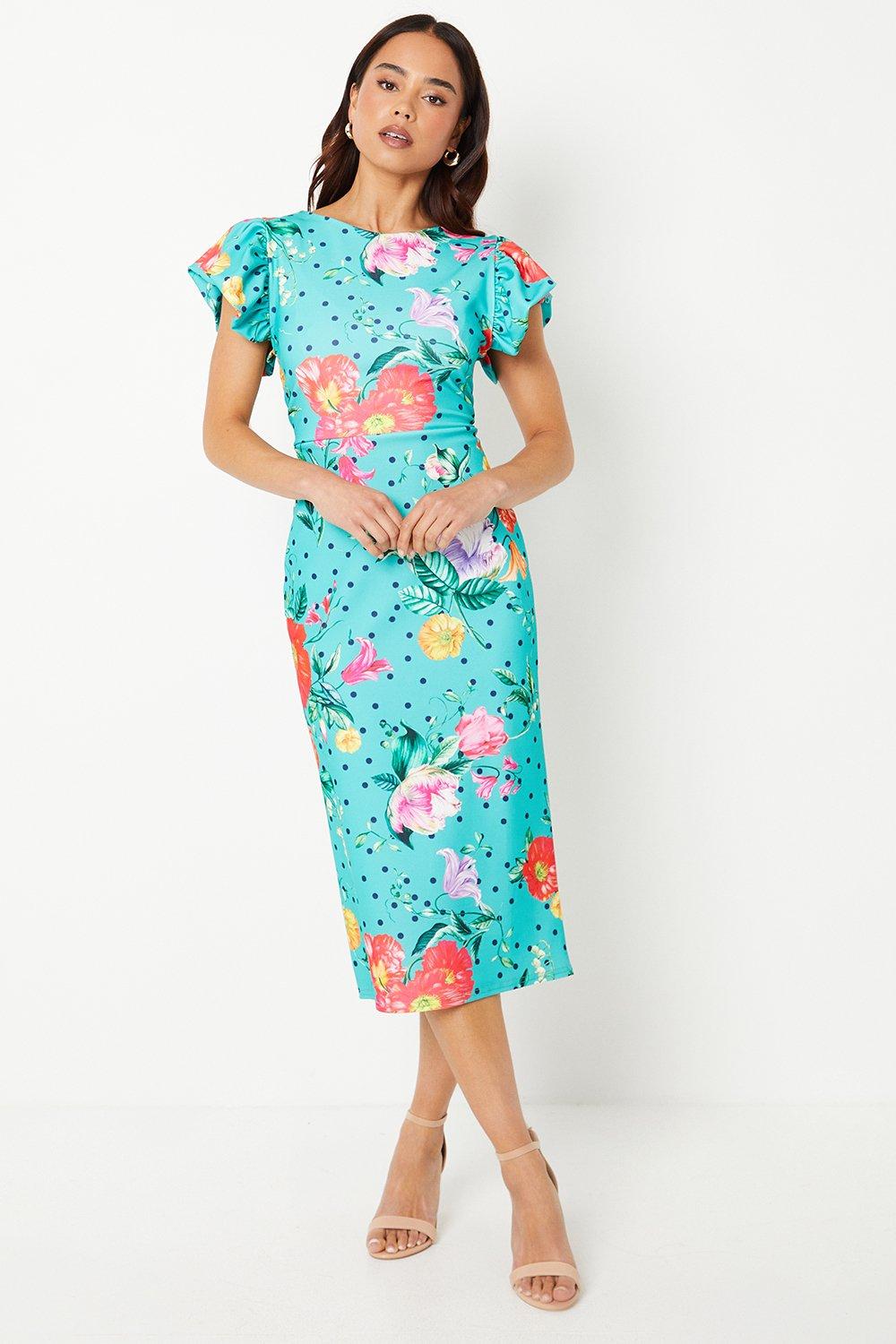 Petite Floral Printed Volume Sleeve Midi Dress