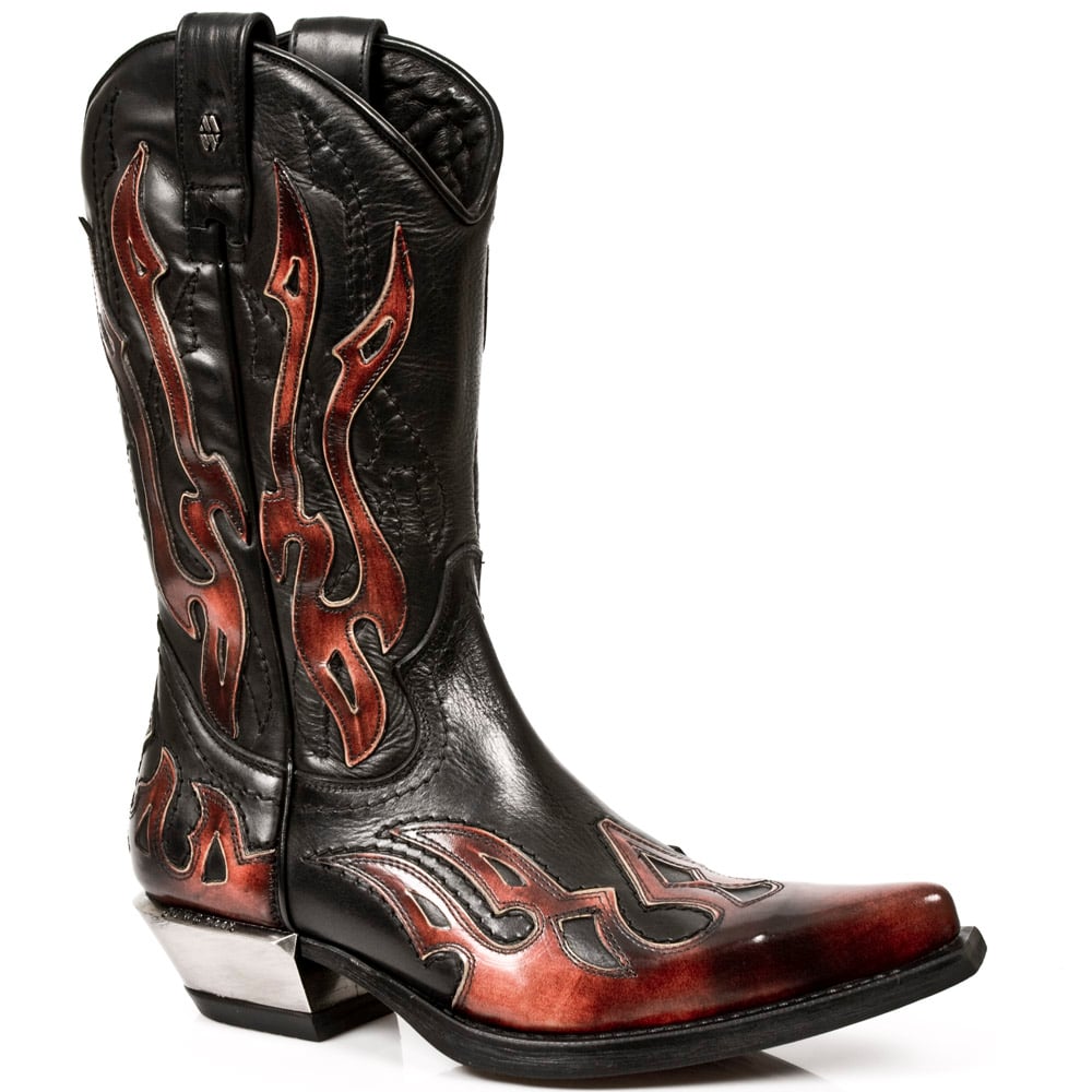 New Rock Flame Akzentuierte schwarz/rote mittelhohe Cowboystiefel-7921-S2