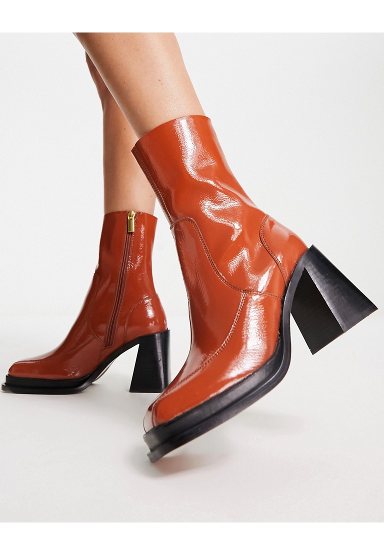 ASOS DESIGN Restore leather mid-heel boots in tan patent-Brown