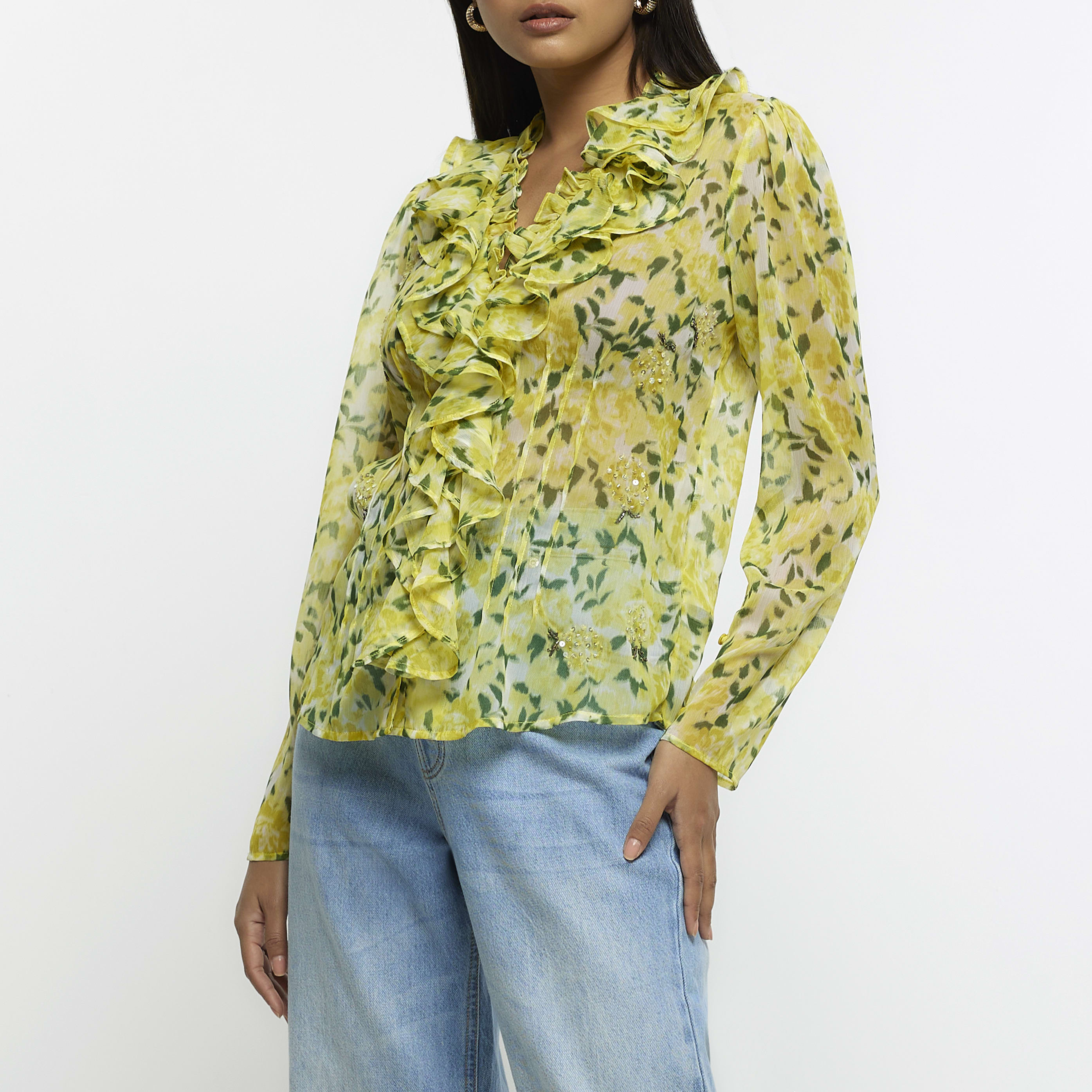 River Island Womens Blouse Yellow Floral Embellished Ruffle