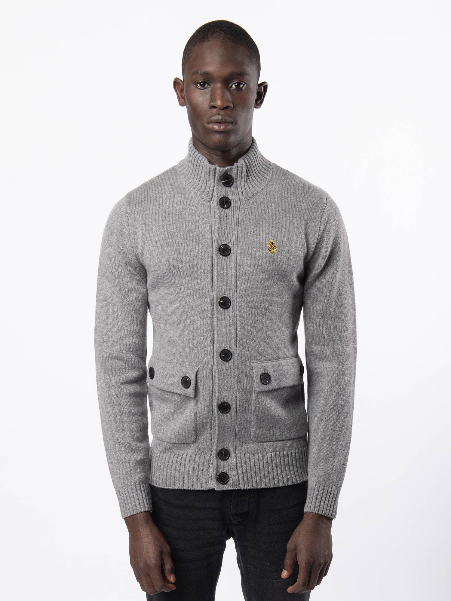 Luke 1977 Men's Copenhagen Chunky Knitted Funnel Neck Cardigan in Grey