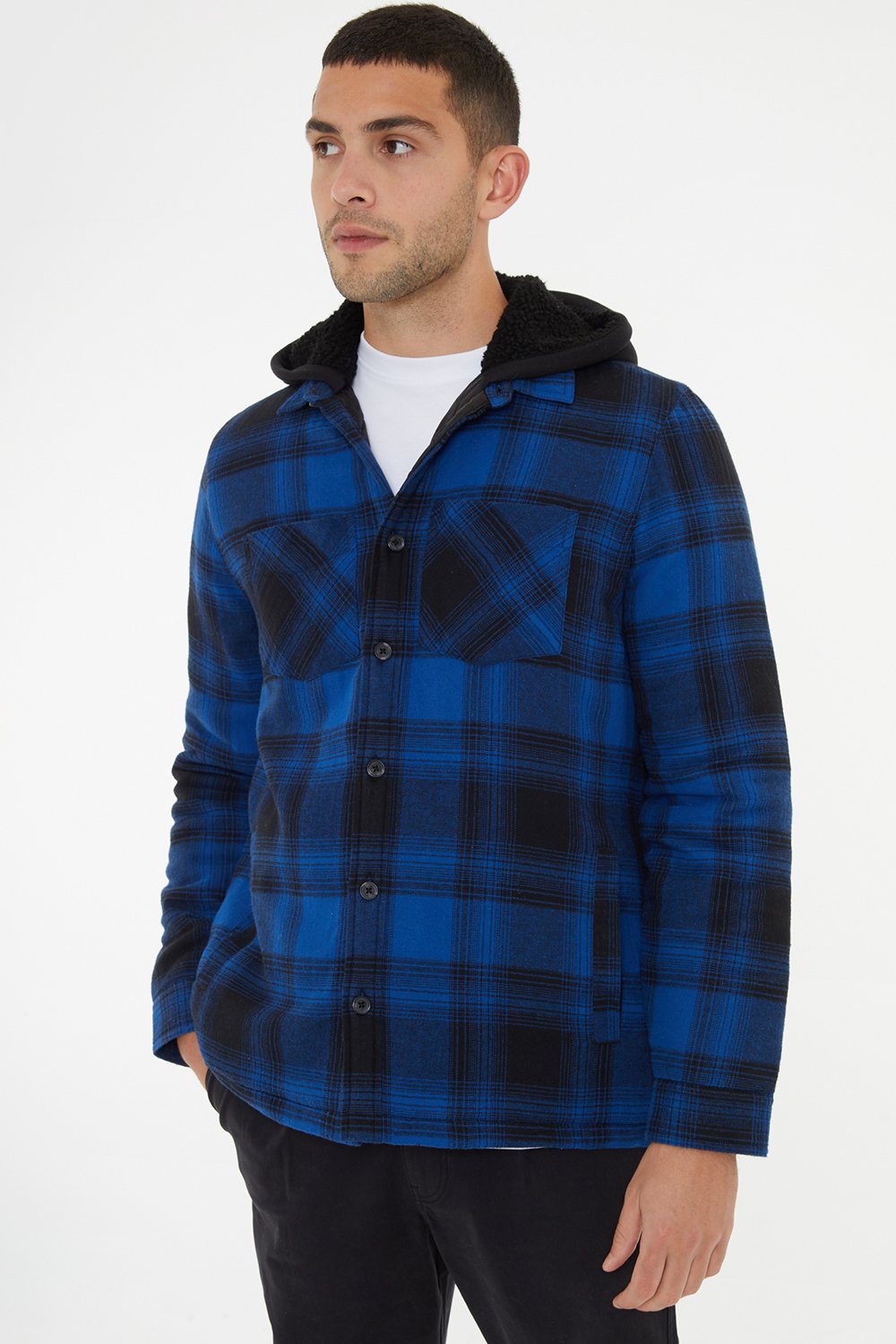 Navy 'Scotch' Check Shacket with Borg-Lined Hood