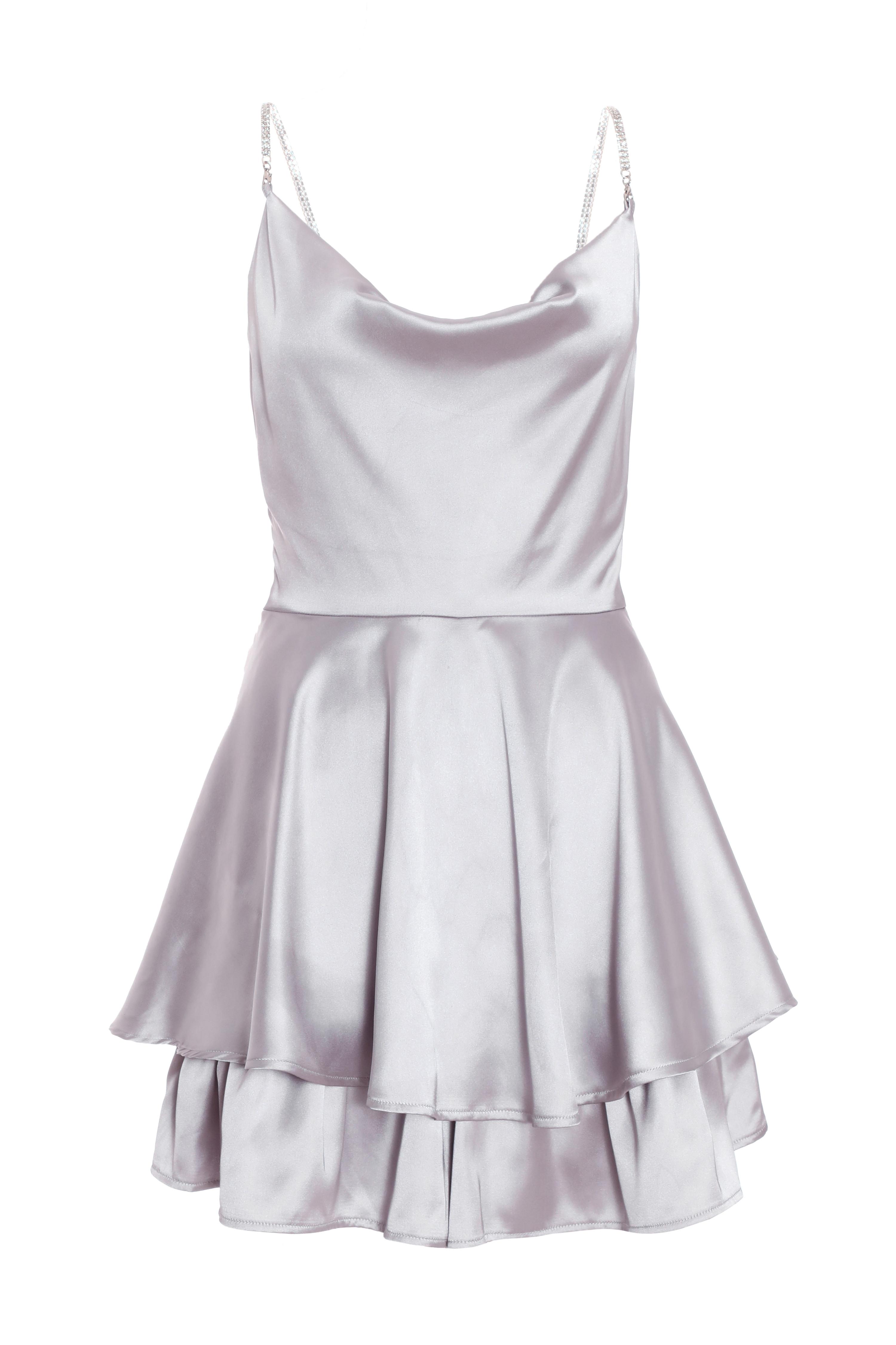 Grey Satin Diamante Strap Playsuit