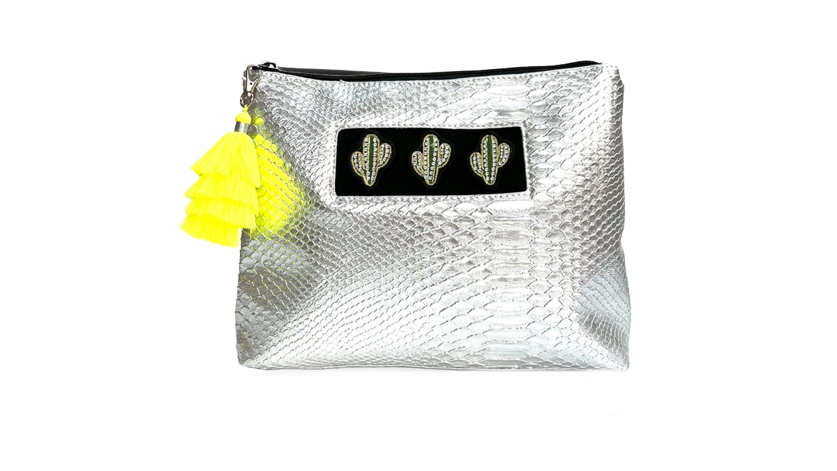 Silver Snakeskin Wash Bag With Trio Of Cacti & Neon Yellow Tassel