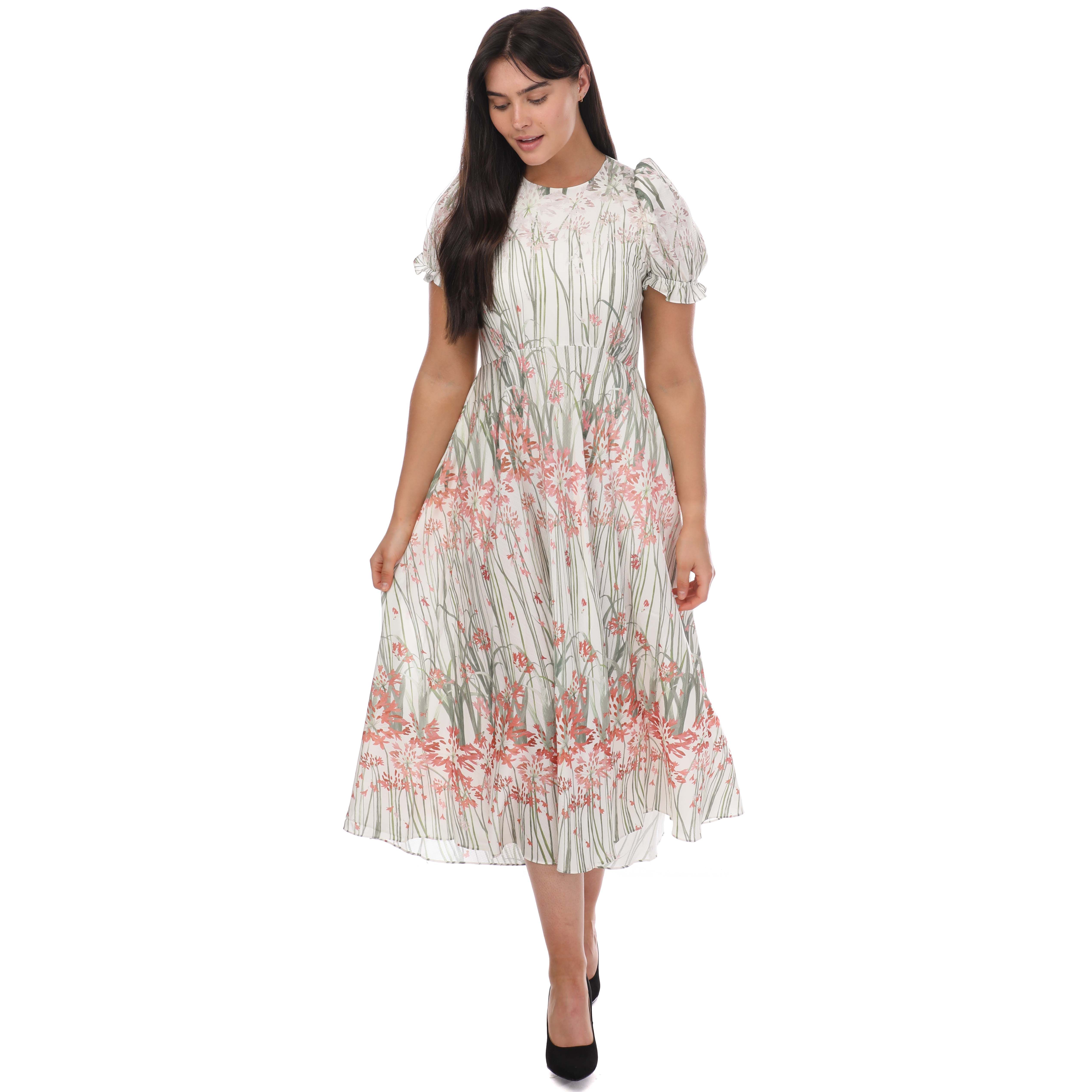 Women's Ted Baker Zahrria Floral Midi Dress With Puff Sleeves in Ivory