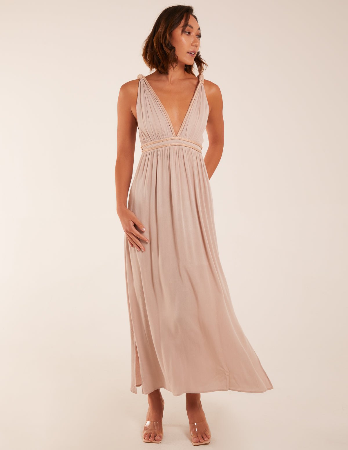 Rope Detail Plunge V-Neck Split Hem Maxi Dress
