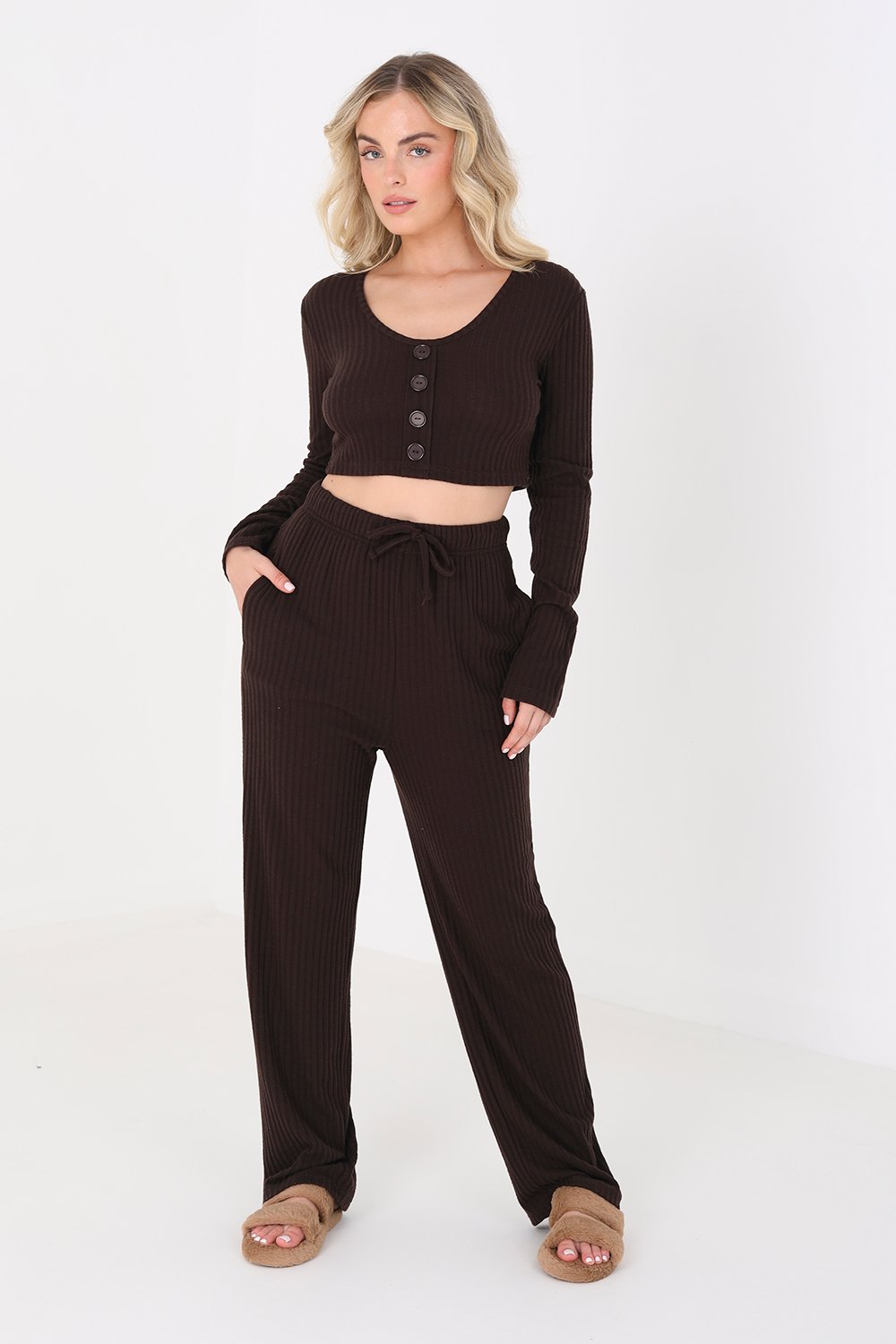 Chocolate 'Noon' Cropped Long Sleeve & Wide Leg Lounge Set