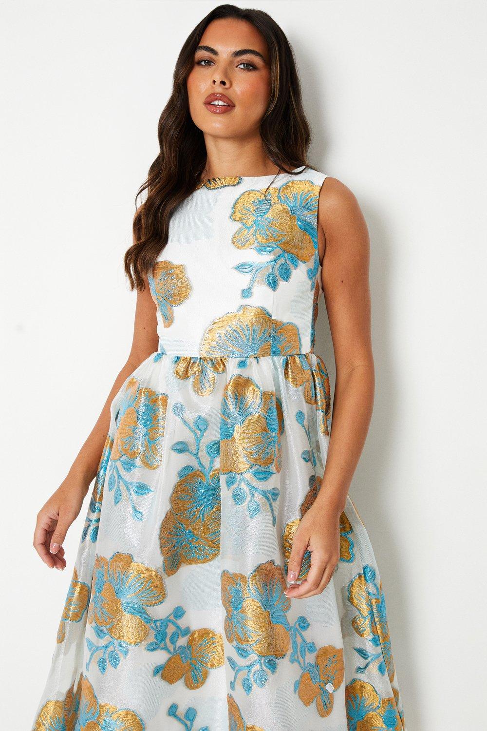 Slash Neck Organza Jacquard Midi Dress