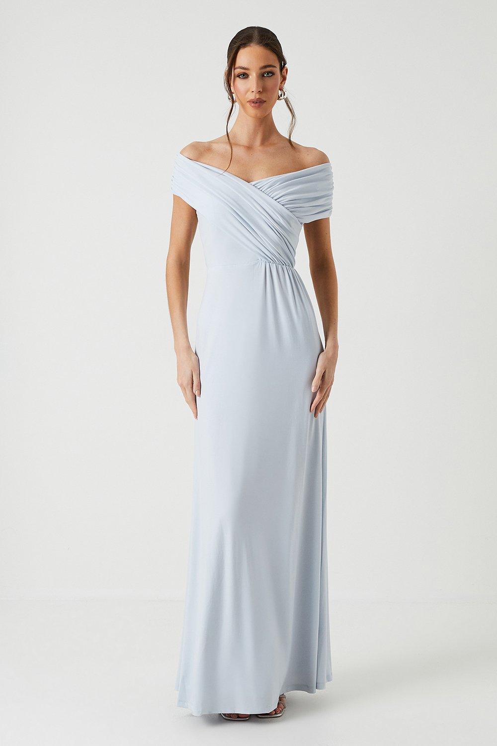 Ruched Bardot Fishtail Slinky Jersey Bridesmaids Maxi Dress