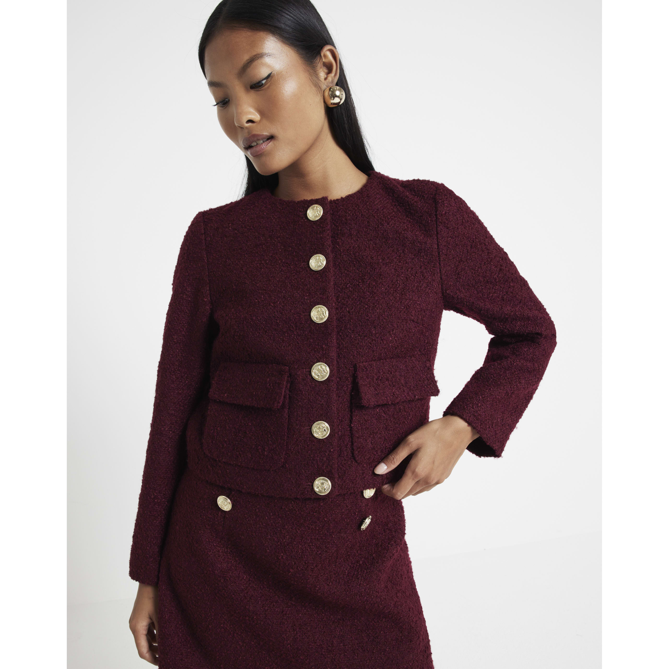 River Island Womens Jacket Petite Red Crop Collarless
