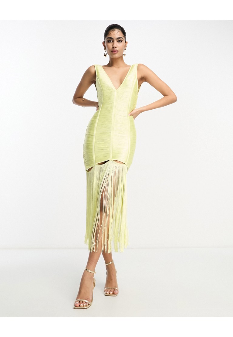 ASOS DESIGN fringe shift midi dress with cut out detail in yellow