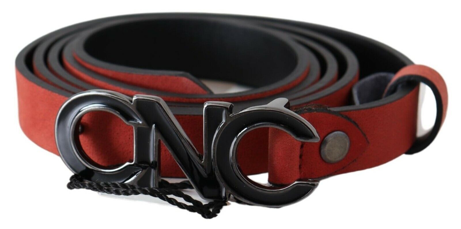 Costume National Women's Red Black Leather Black Logo Buckle Blood Belt