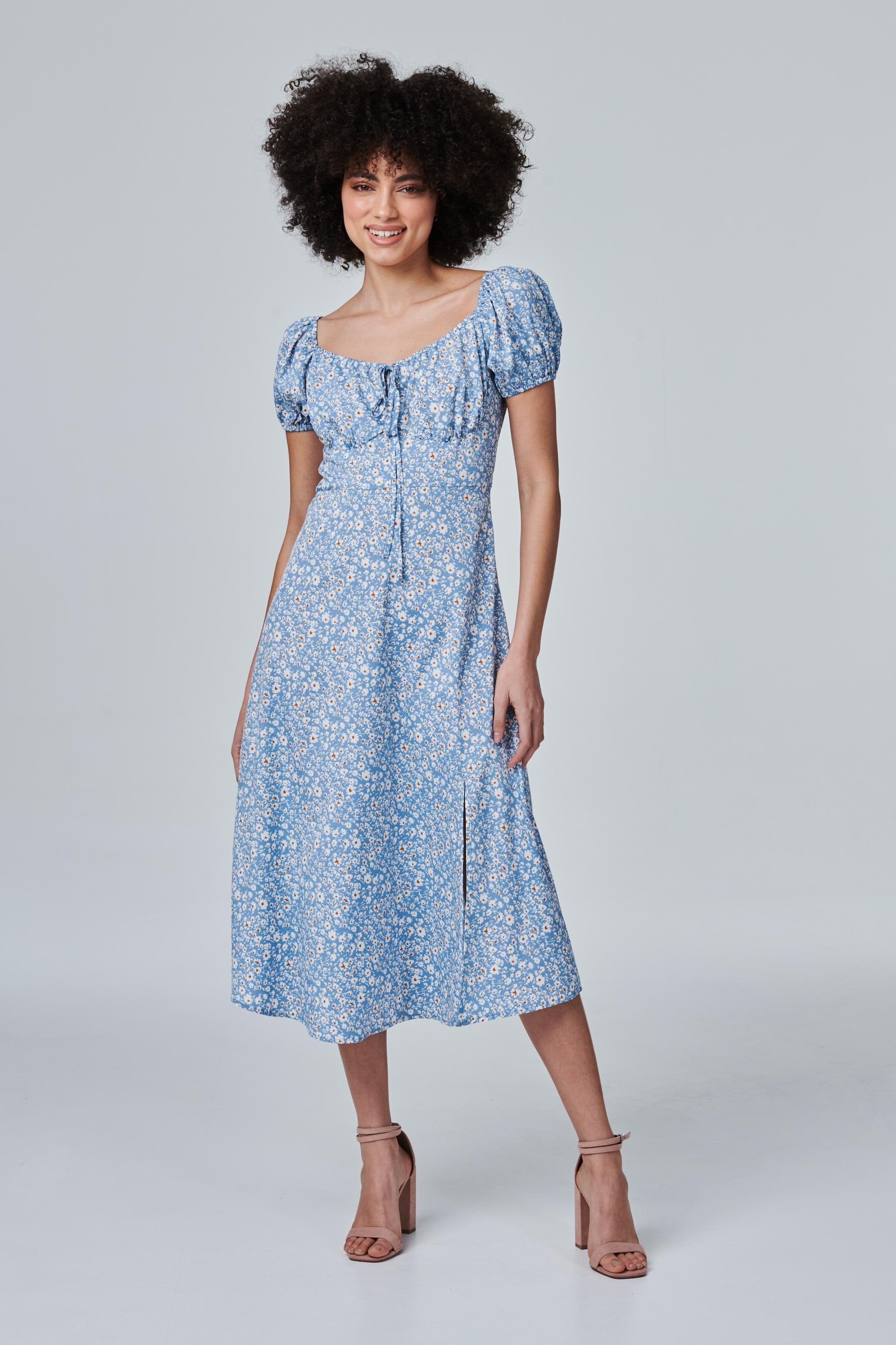 Blue Ditsy Floral Tie Front Midi Dress