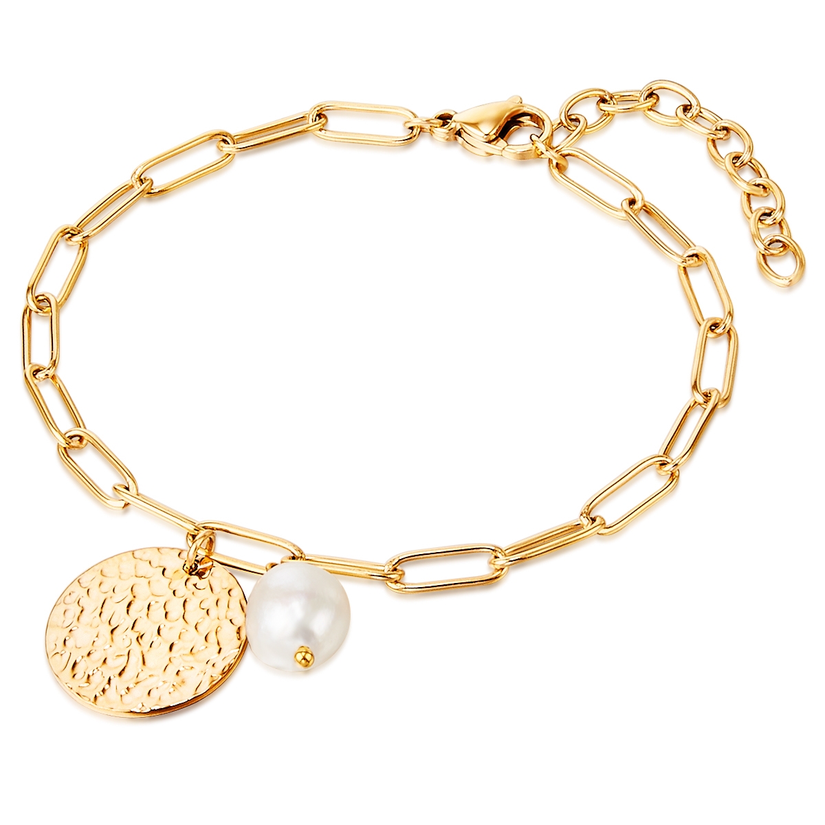 Bracelet stainless steel yellow gold freshwater cultured pearl white ...