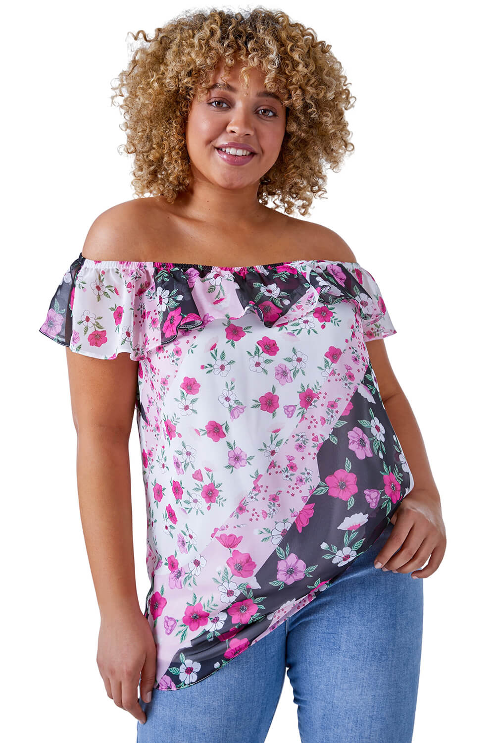 Curve Patchwork Floral Bardot Top