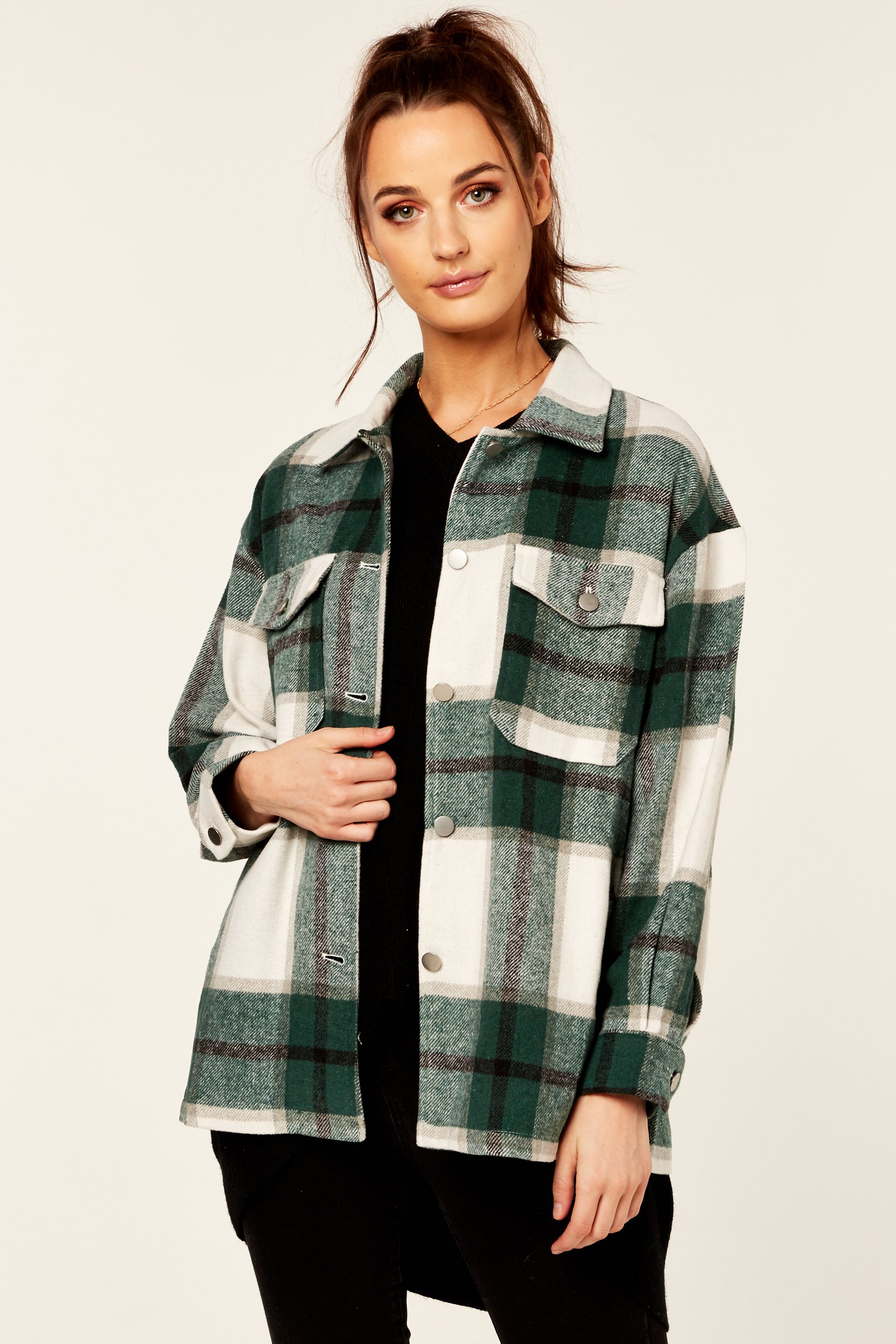 Check Oversized Pocket Detail Shacket