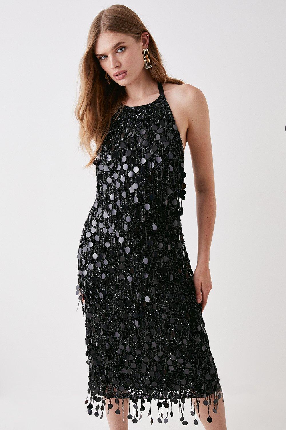 Disc Sequin Halterneck Midi Dress