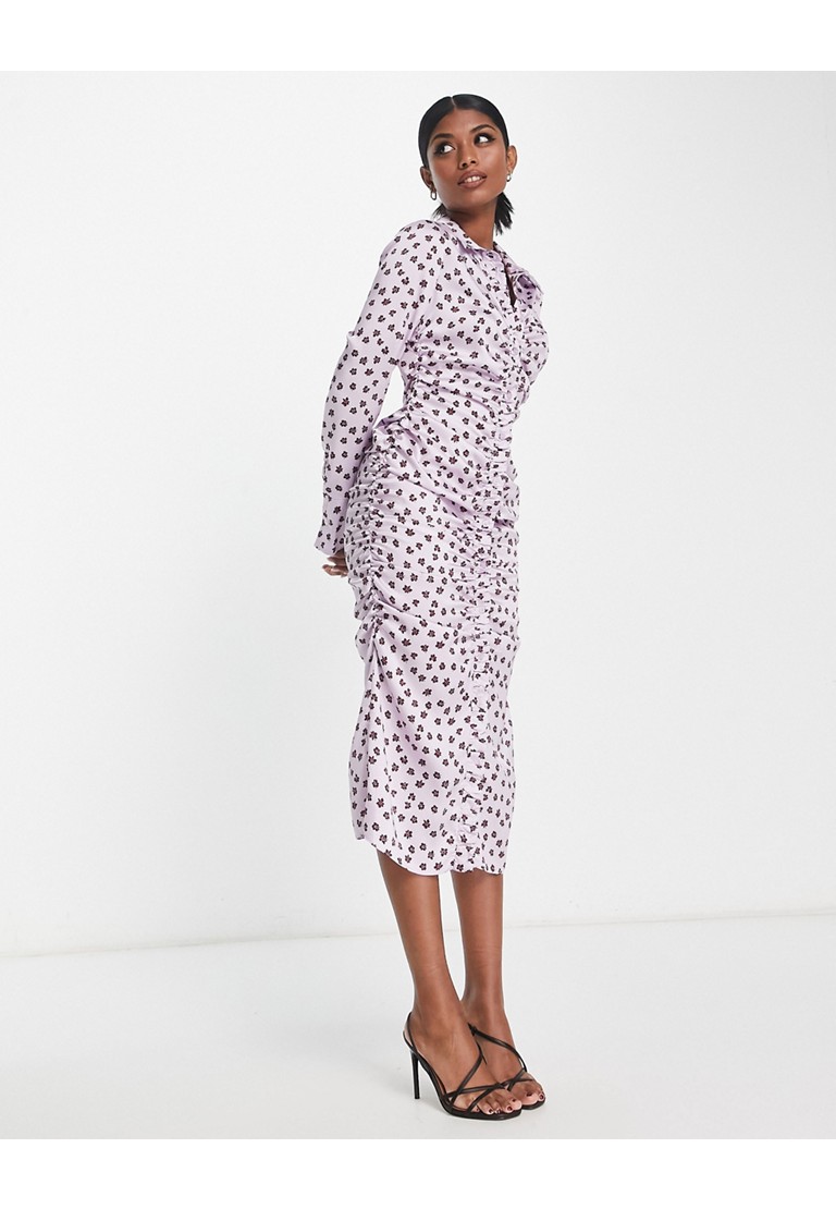 ASOS DESIGN gathered waist midi satin shirt dress in lilac floral-Multi