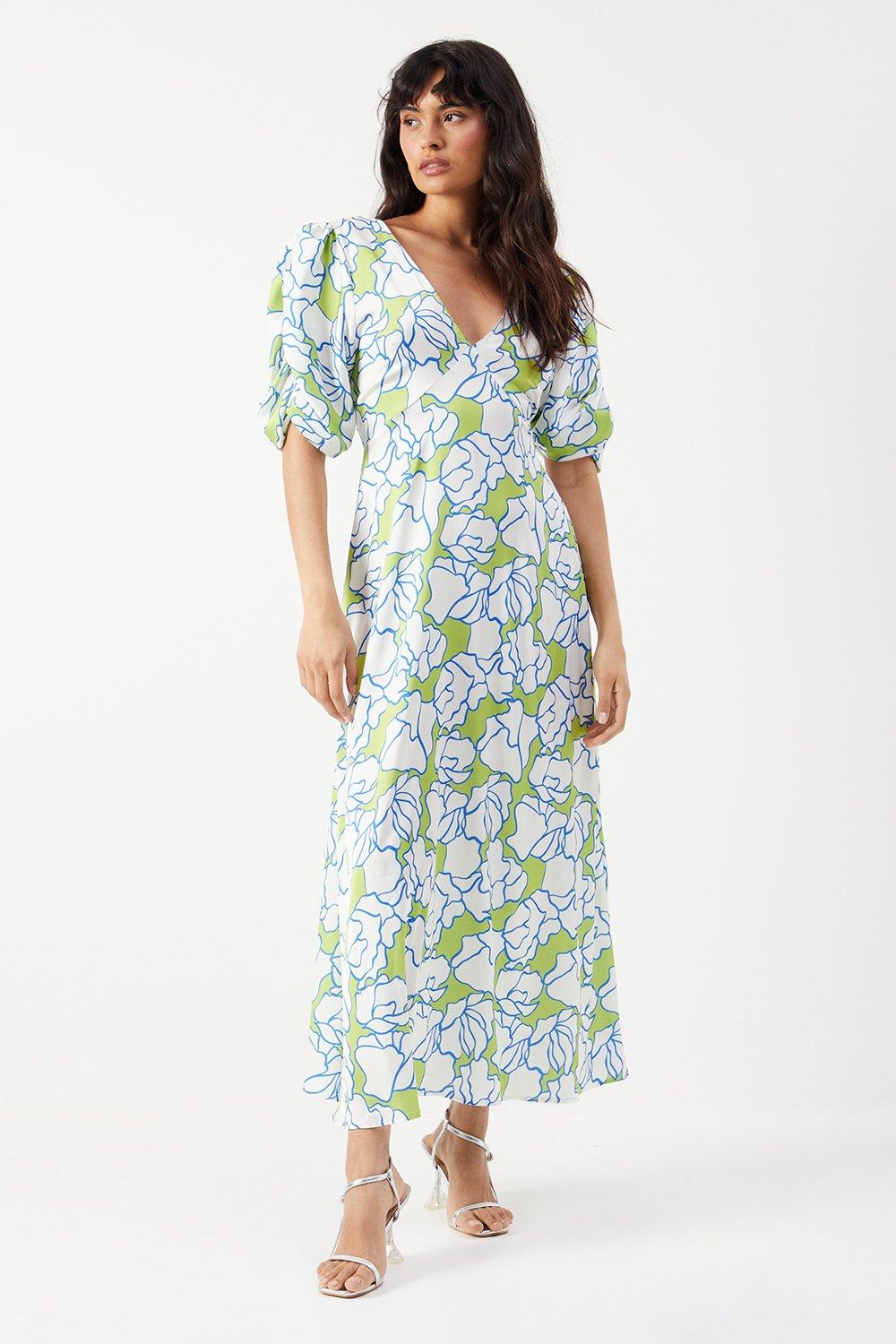 Satin Button Through Volume Sleeve Midi Tea Dress