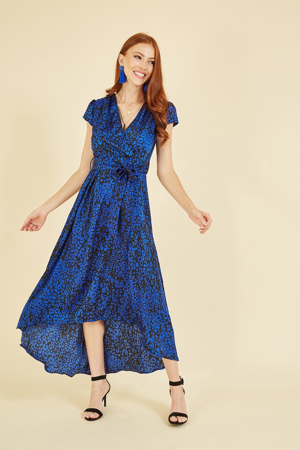 Mela Blue Animal Print Dip Hem Midi Wrap Dress