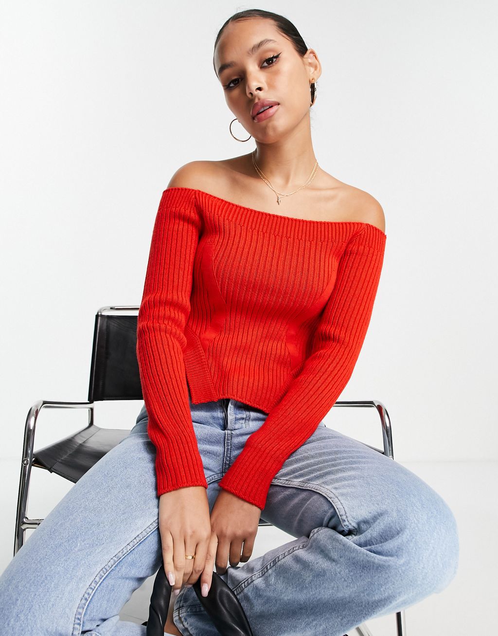 ASOS DESIGN off shoulder jumper with shaped hem in red