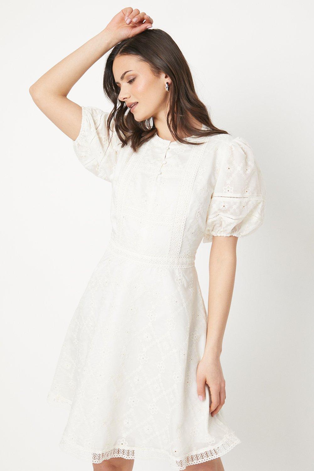 Ladder Trim Embroidered Mini Dress