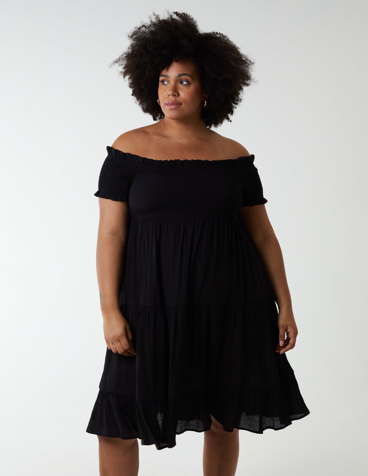 Curve Bardot Shirred Neck Line Floaty Dress