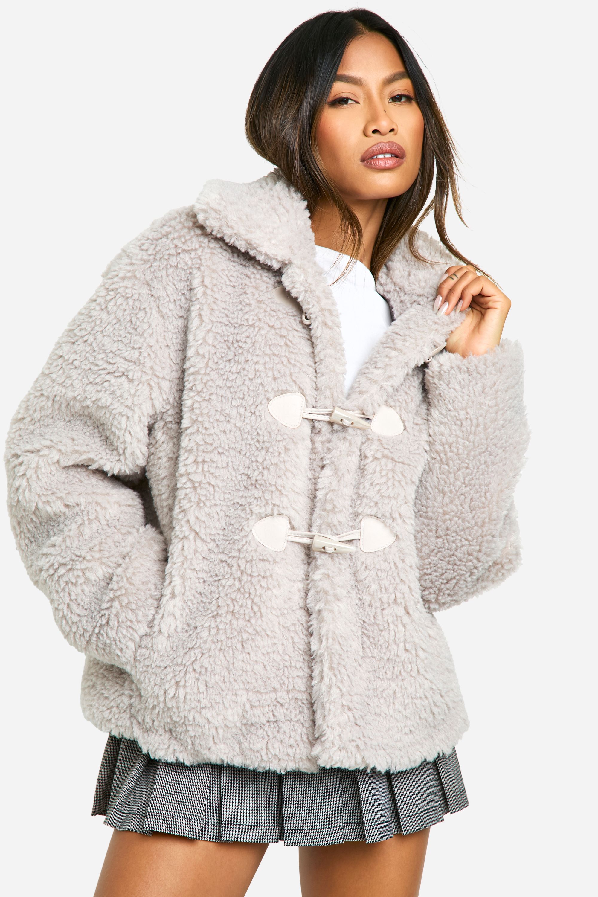 Toggle Detail Teddy Fur Coat