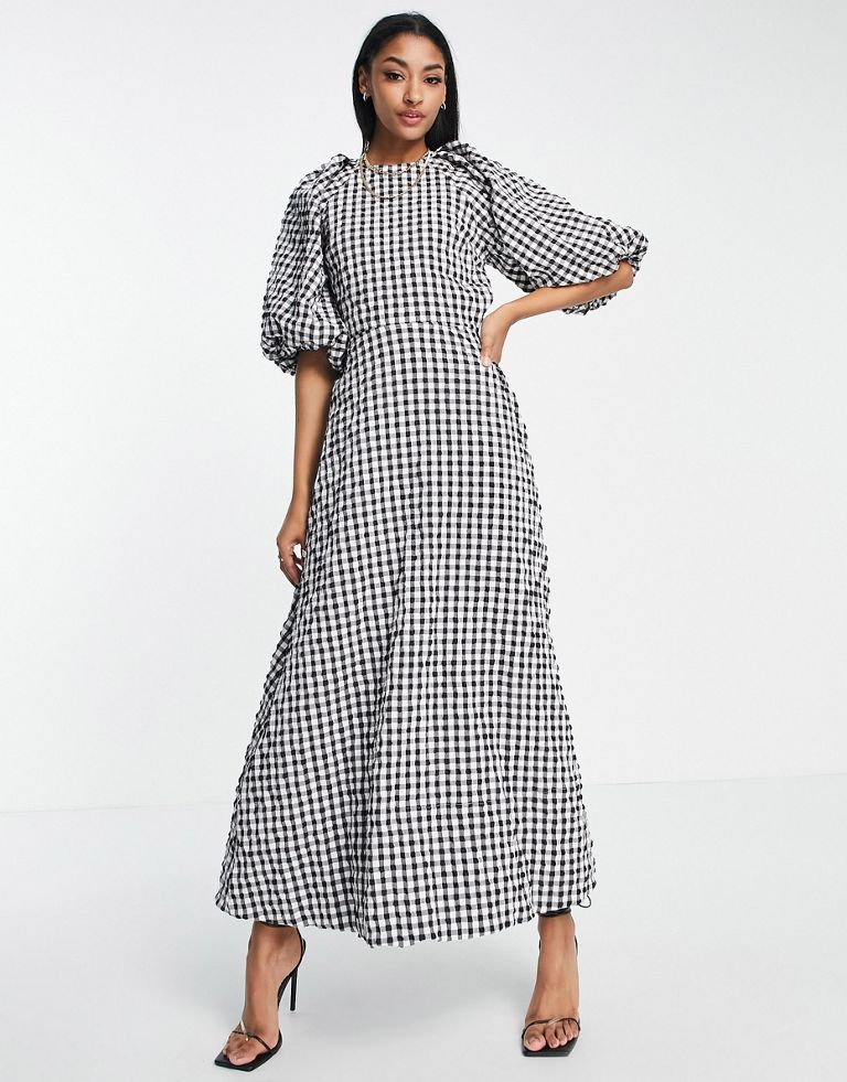 ASOS DESIGN Tall open back puff sleeve maxi dress in textured mono ...