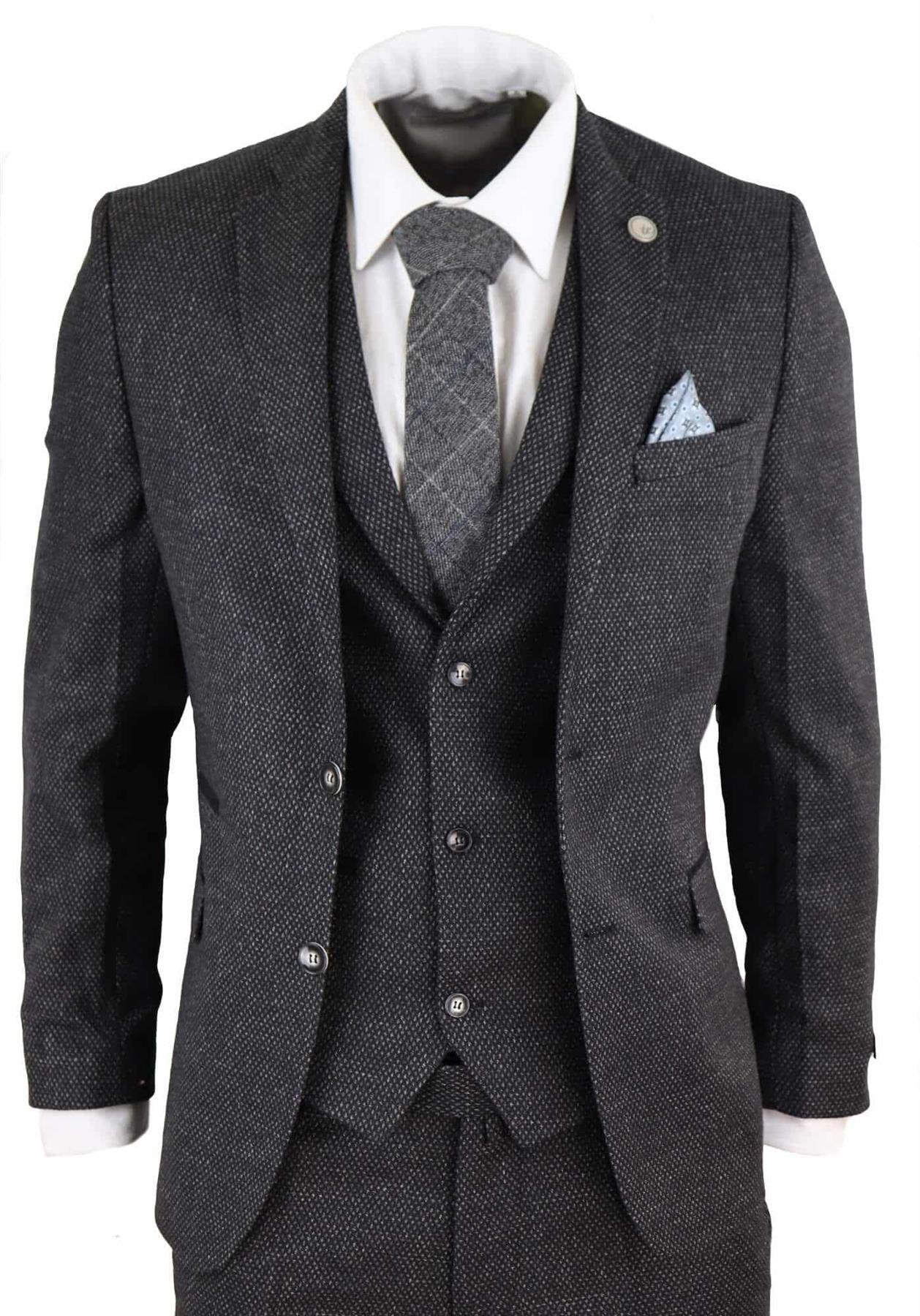 Herrens 3-delade svarta herringbone tweed kostym