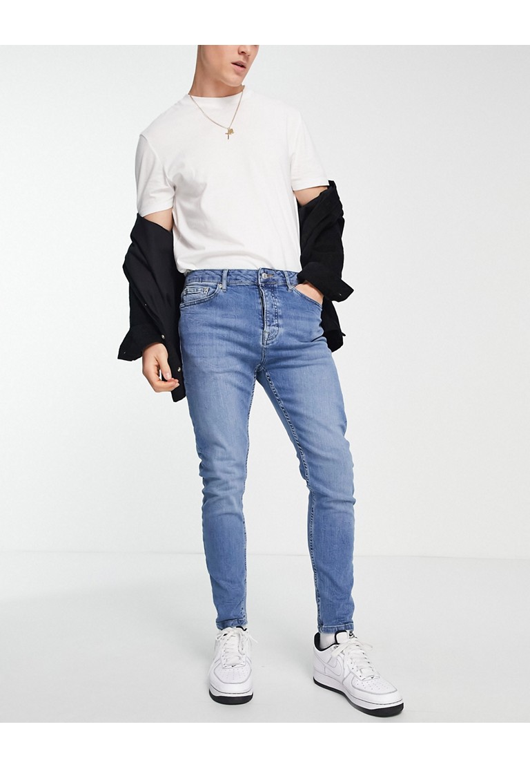 Topman stretch taper jeans in mid wash-Blue