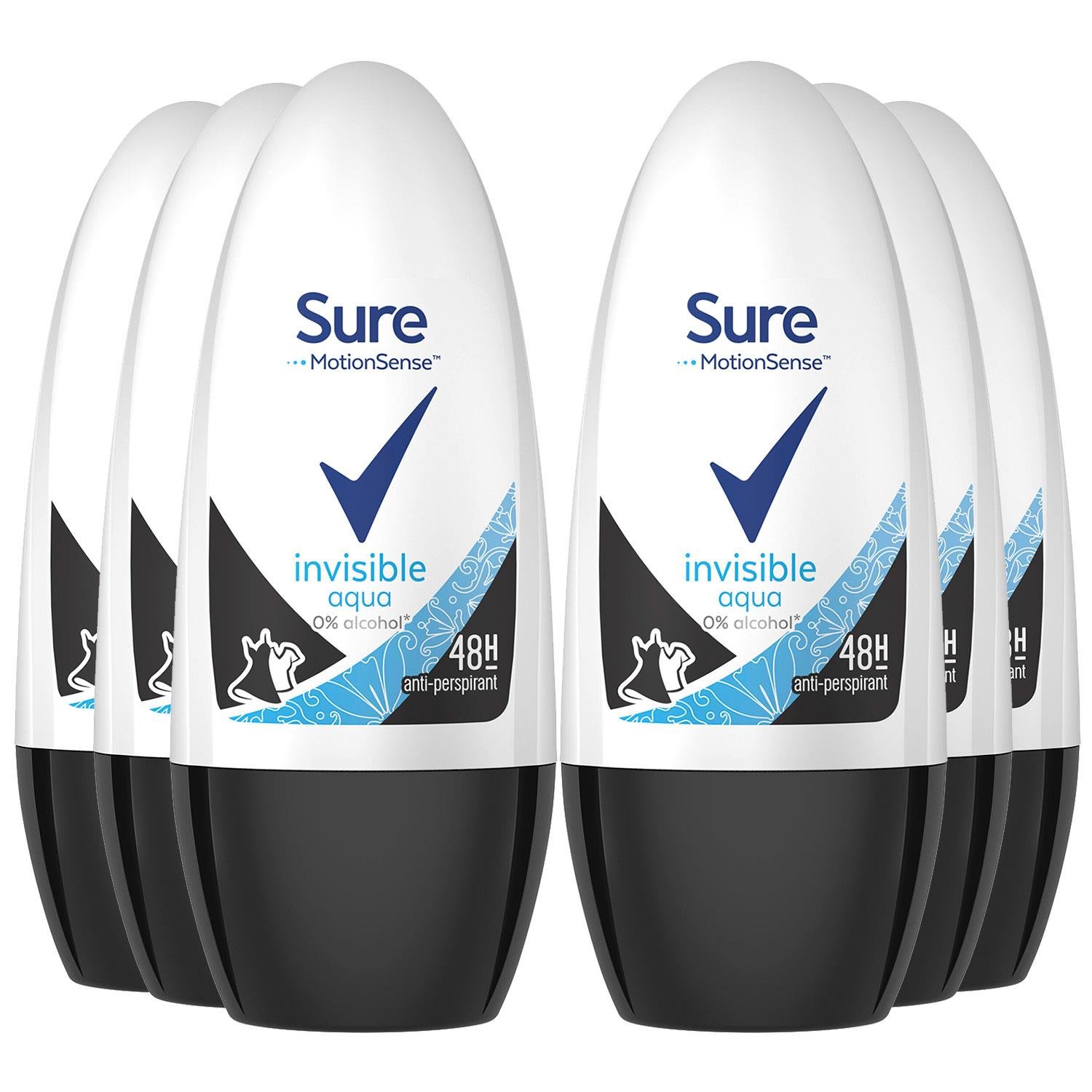 Sure Women Motion Sense Deodorant Roll-On, Invisible Aqua, 6 Pack, 50ml