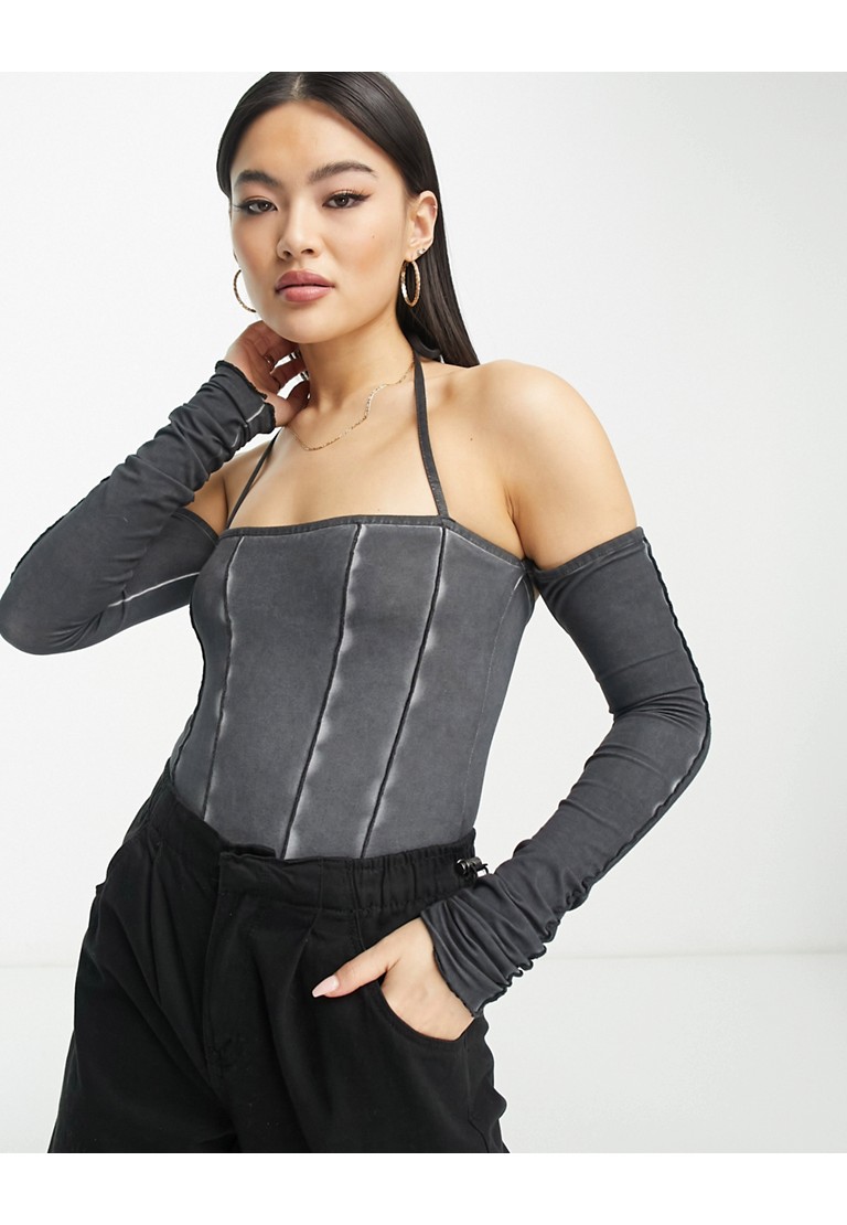 ASOS DESIGN bodysuit with seam details and halter strap in washed black