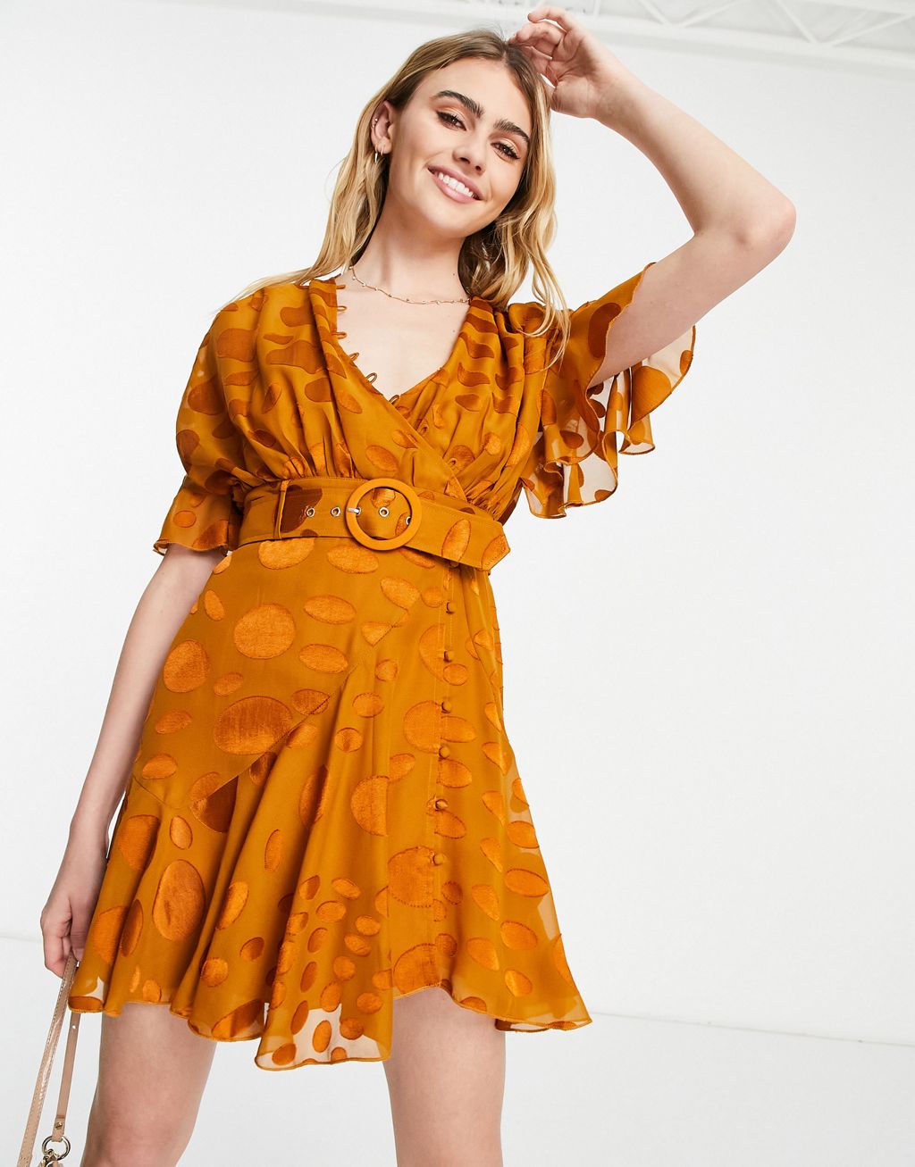 ASOS DESIGN mini dress with rouloux details and belt in rust warped ...