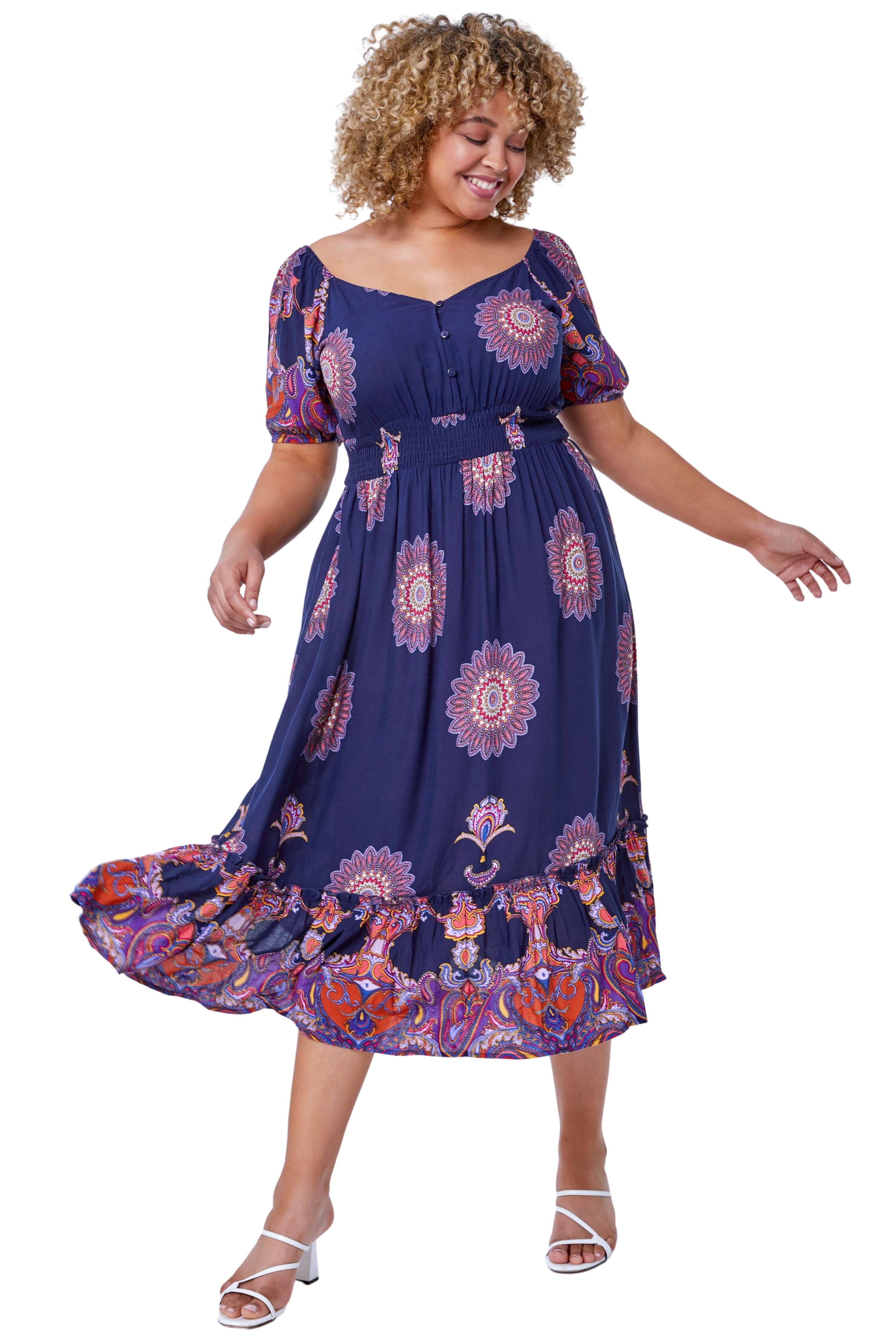 Curve Boho Print Sweetheart Midi Dress