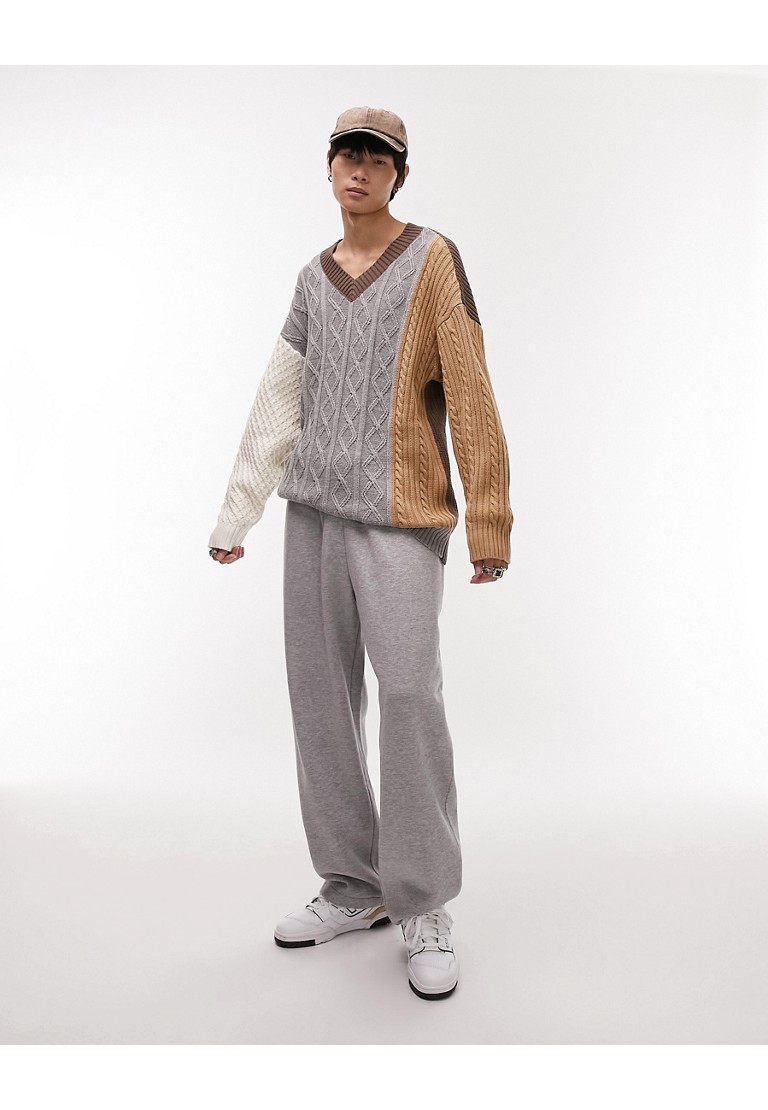 Topman knitted v neck jumper with mix stitch in stone-Neutral