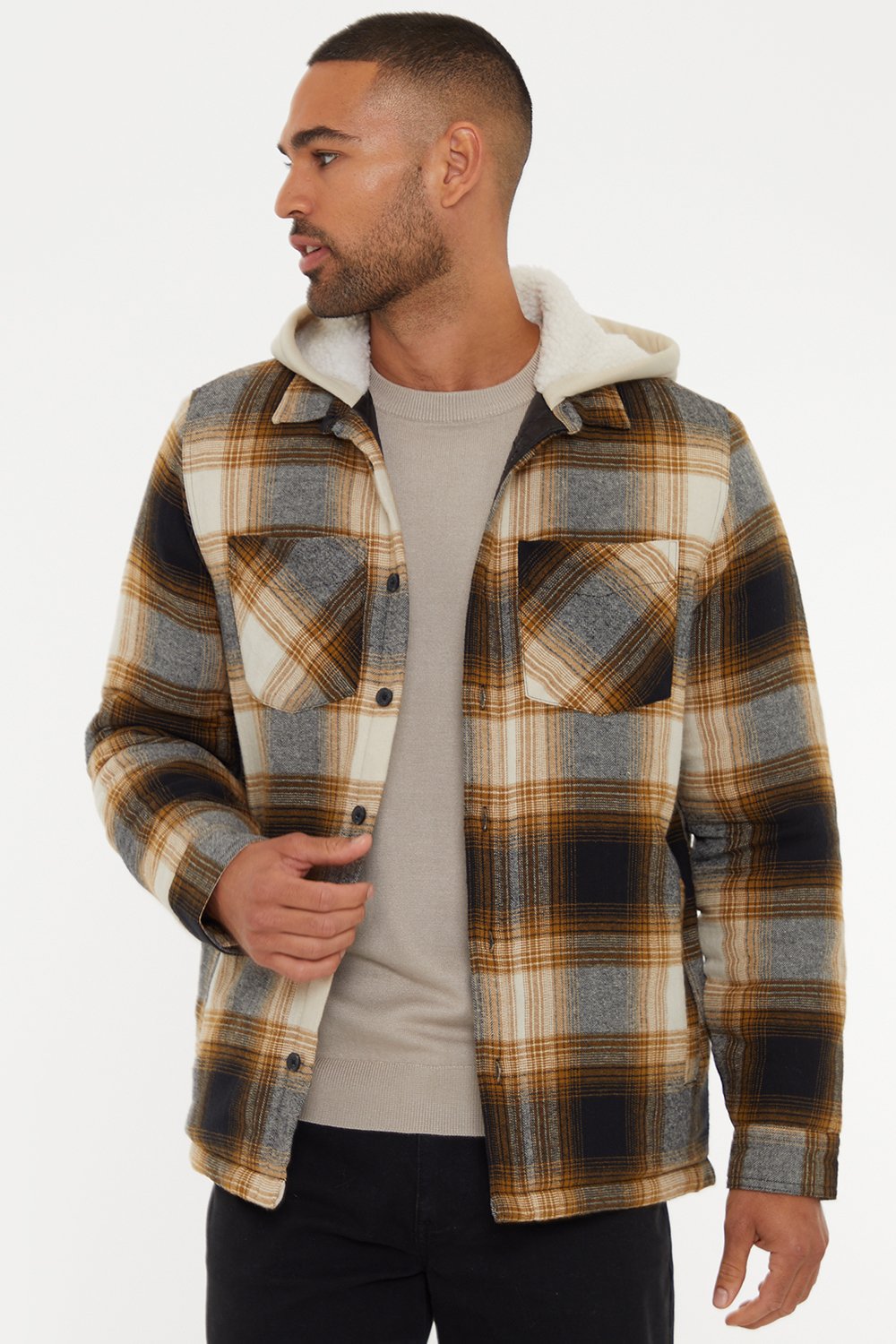 Camel 'Scotch' Check Shacket with Borg-Lined Hood