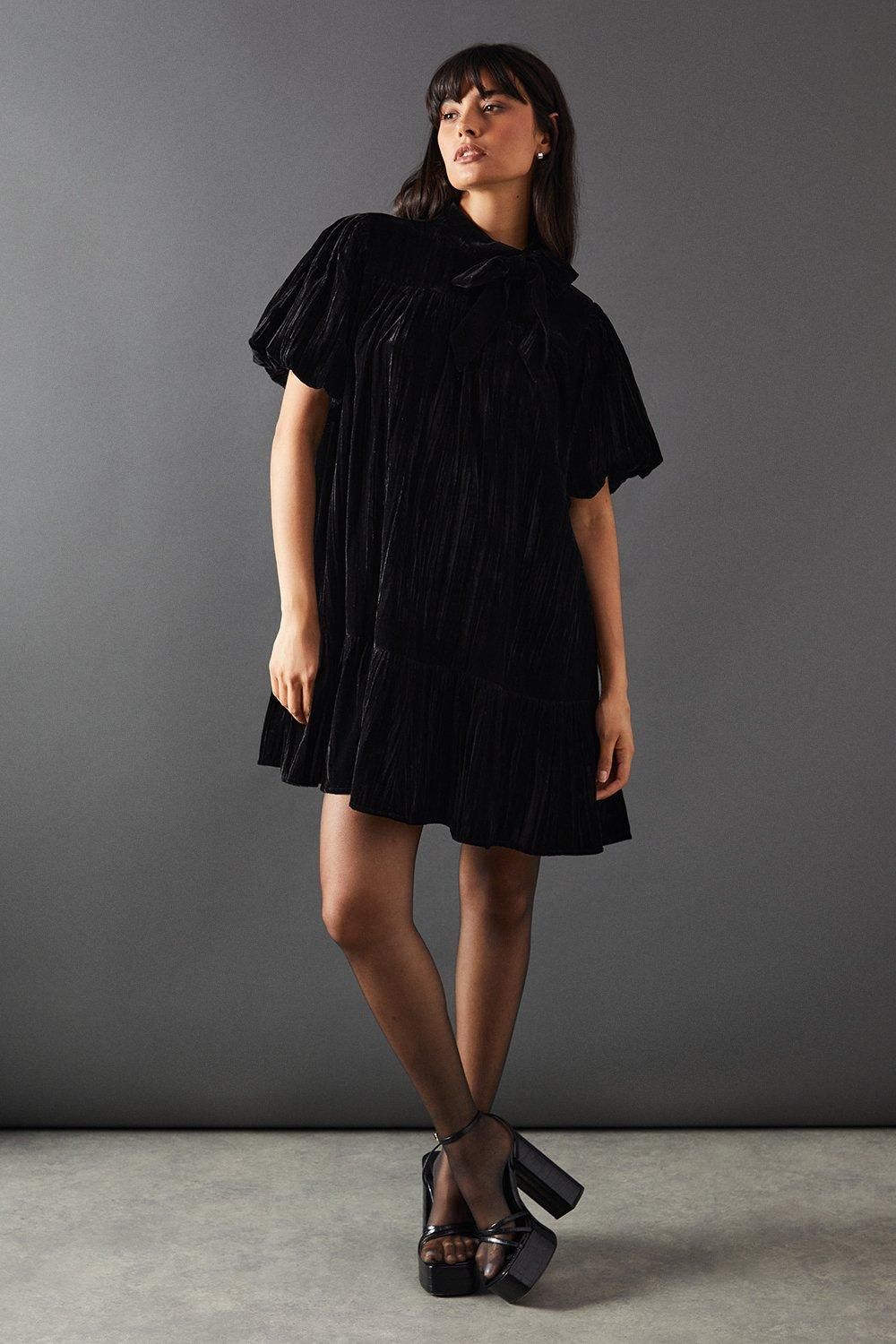 Velvet Crinkle Tie Neck Puff Sleeve Tier Hem Mini Dress