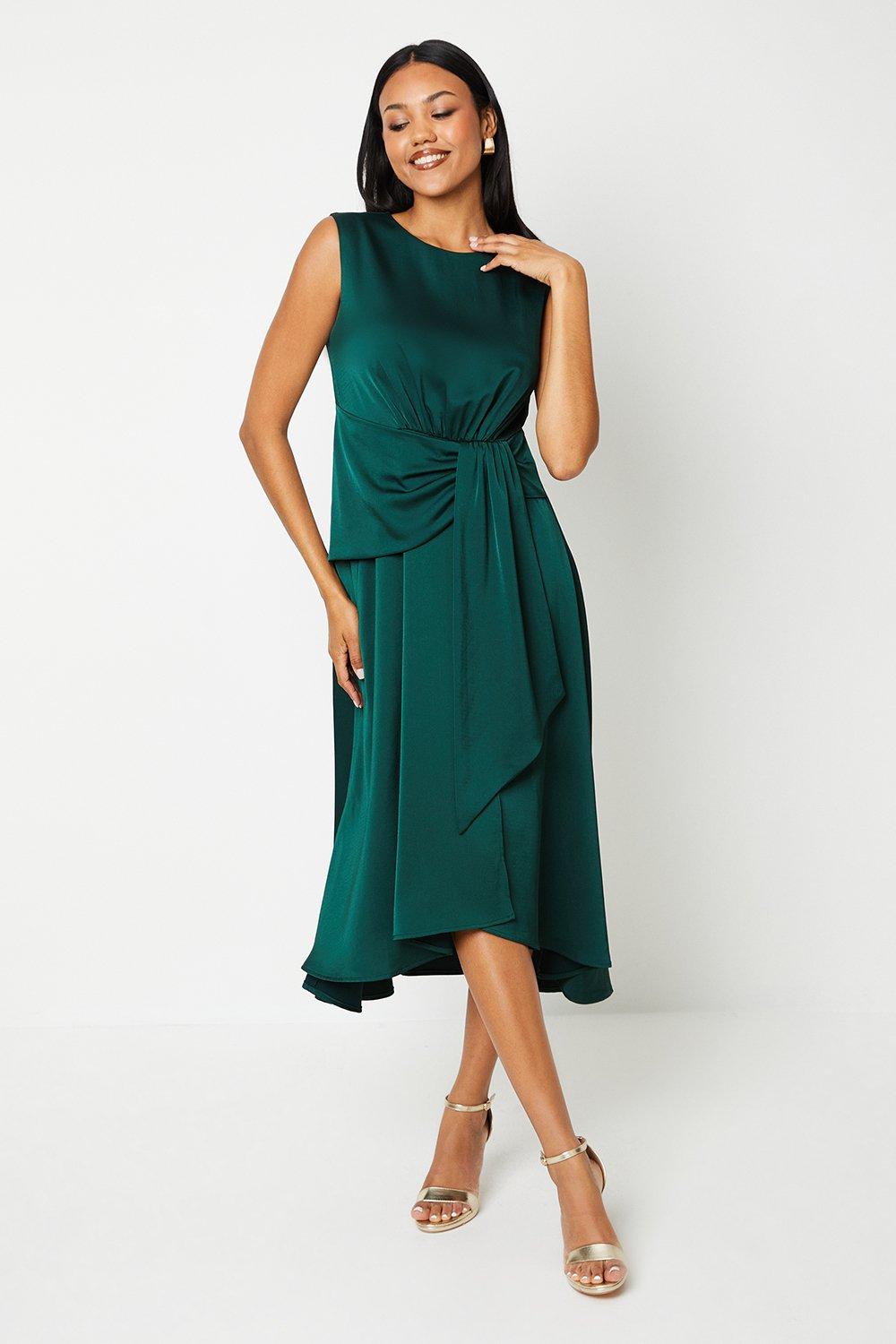 Sash Front Drape Skirt Satin Midi Dress