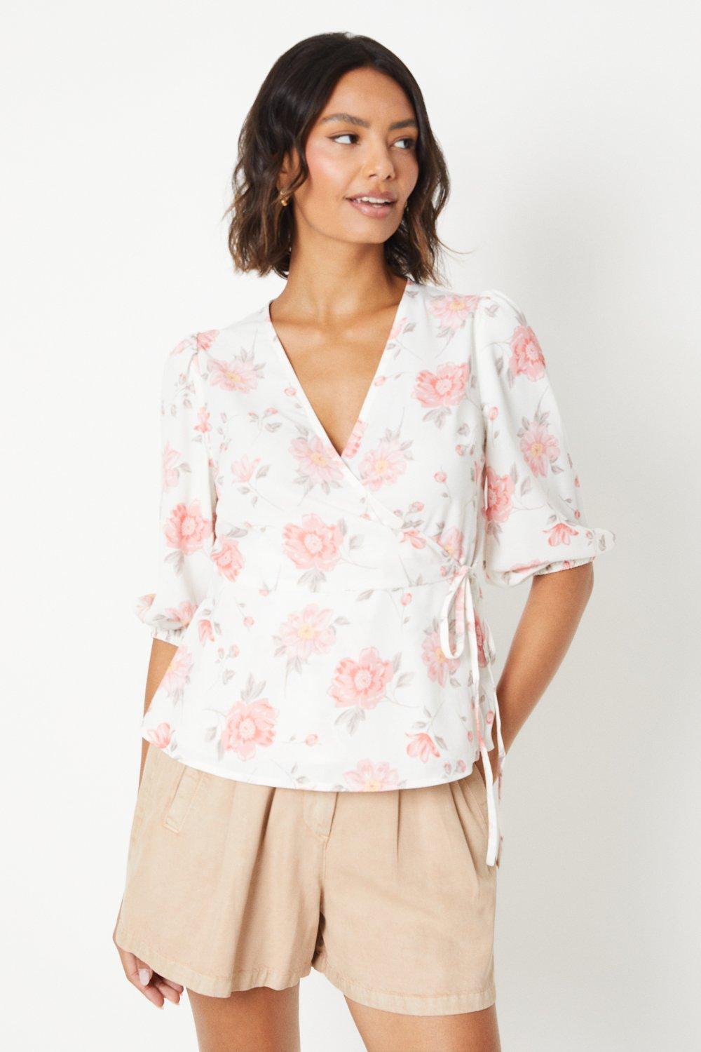 Floral Tie Side Wrap Blouse
