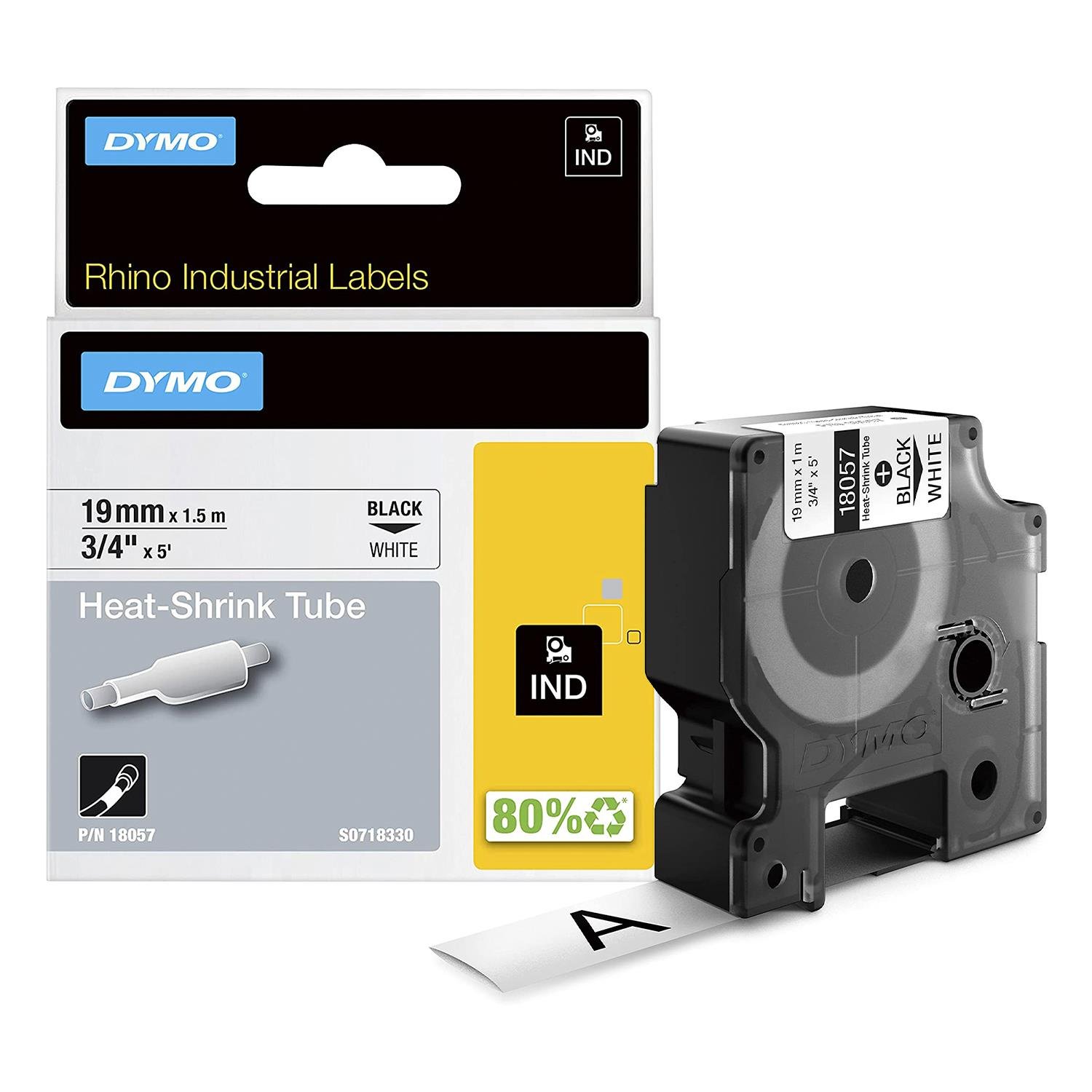 DYMO RhinoPRO Heat Shrink Label Tubes Industrial 19mm x 1.5m Black on White