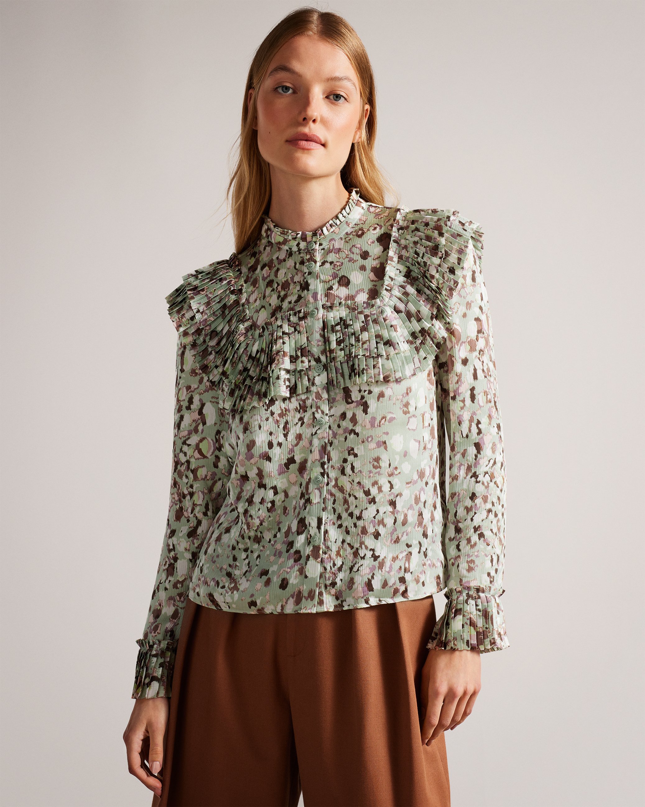 Ted Baker Indira Blouse With Ruffle Bib Detail, Light Green