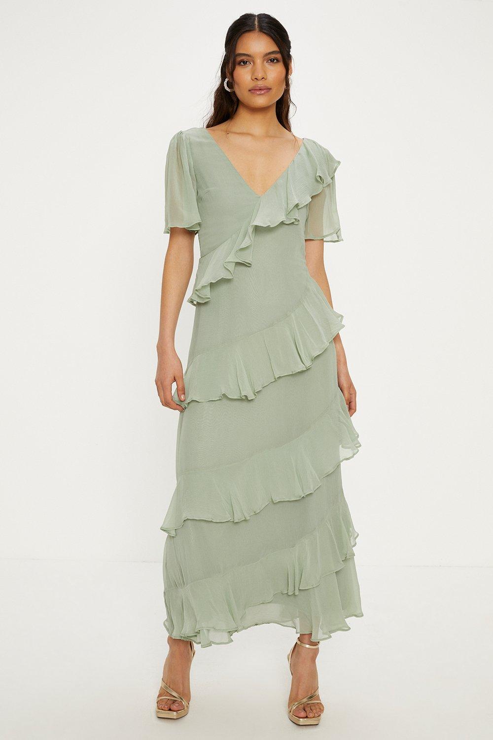 Asymmetric Ruffle Tiered Angel Sleeve Midi Dress