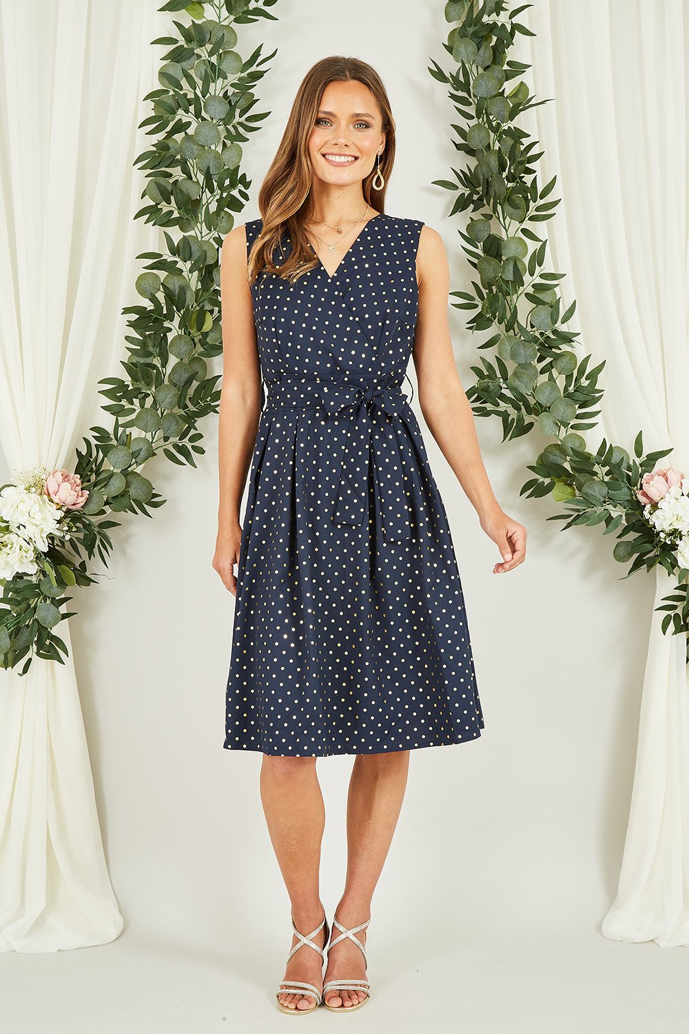 Navy Spot Wrap Over Skater Dress