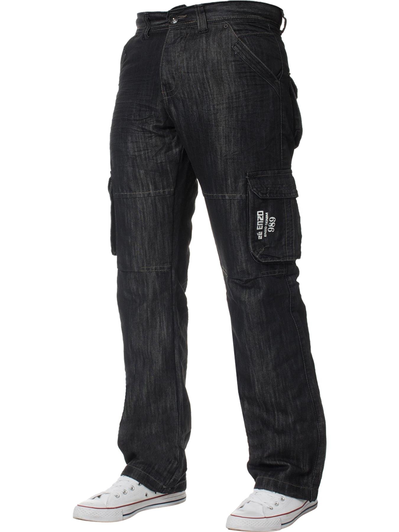Enzo | Mens Cargo Combat Jeans - Black Wash